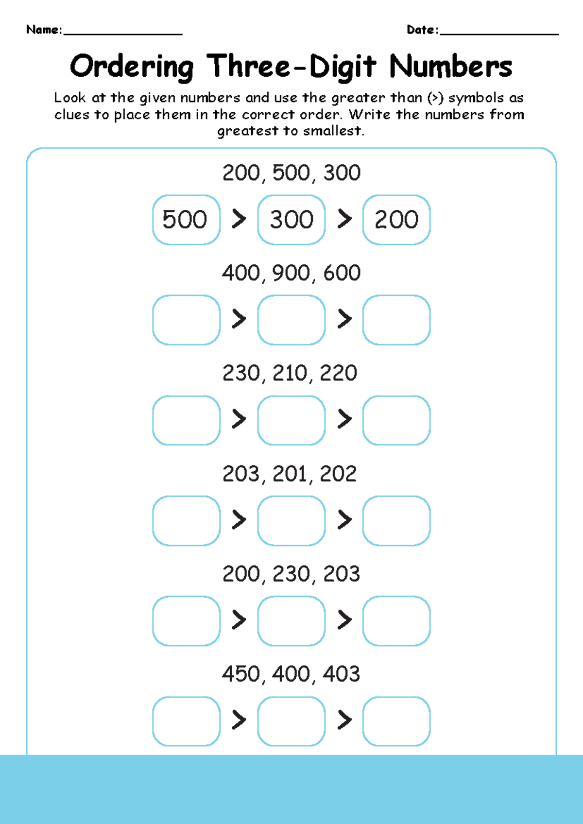 Ordering Three-Digit Numbers - 2nd Grade Worksheet - Look at the given ...