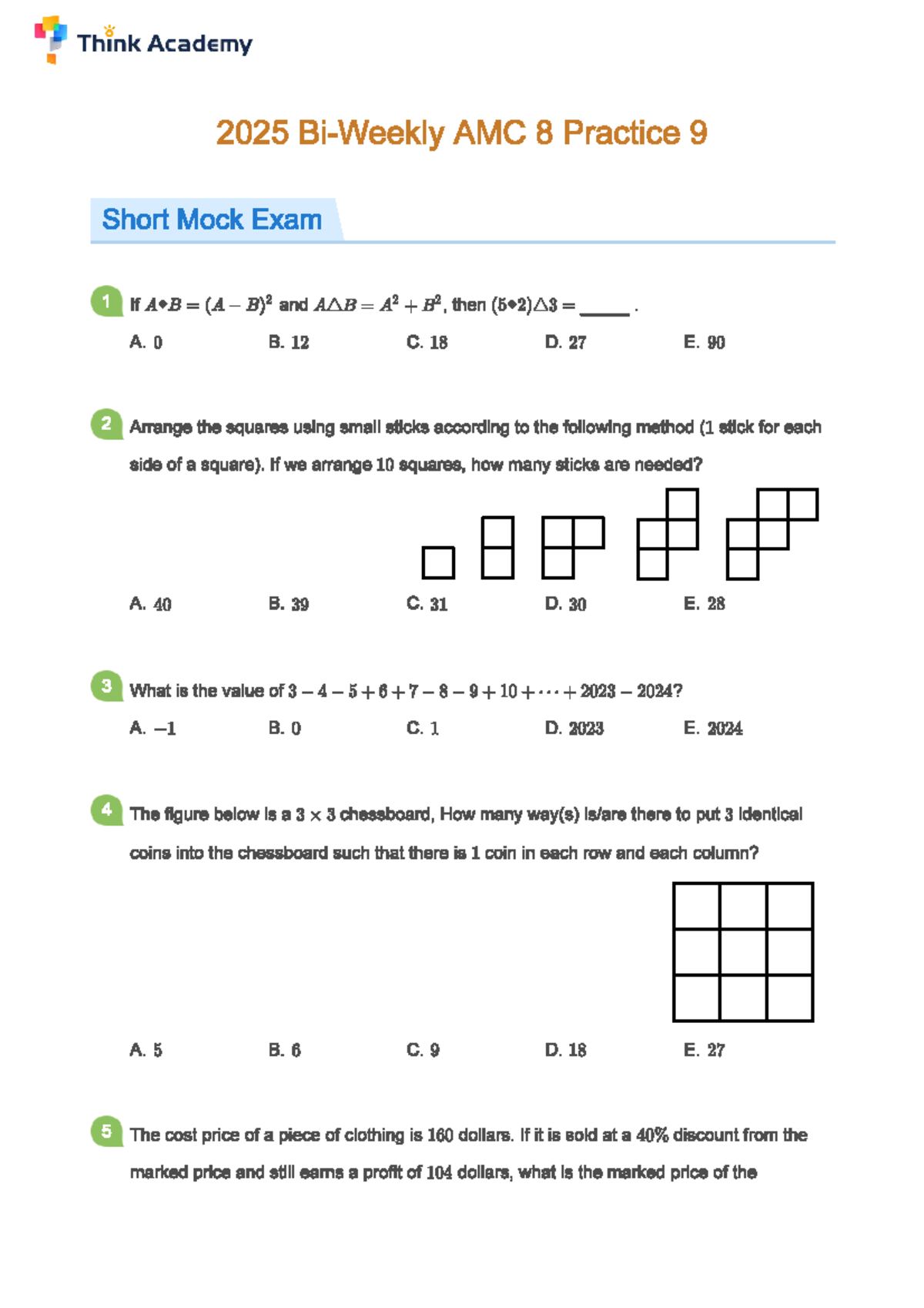 AMC 8 Practice 9 - Think Academy Mock Exam Questions - Studocu