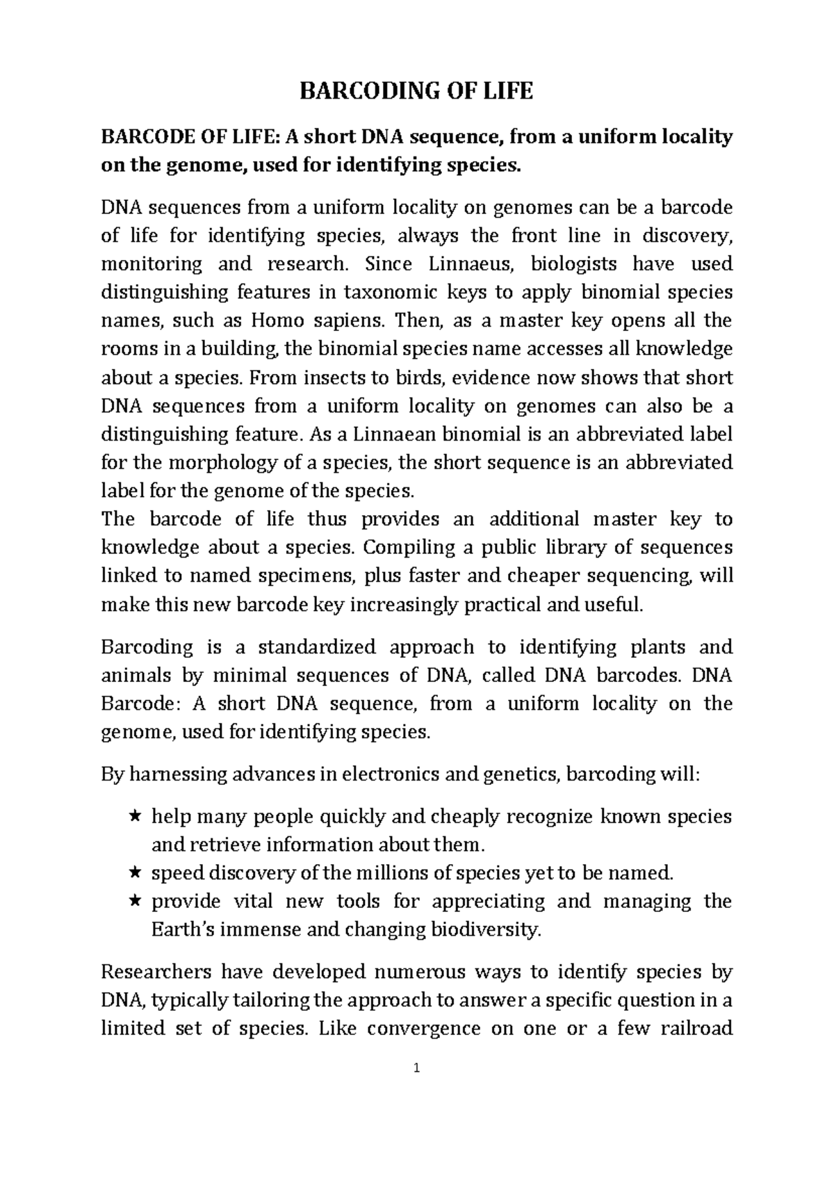 Barcoding of Life: A Comprehensive Guide to DNA Identification - Studocu