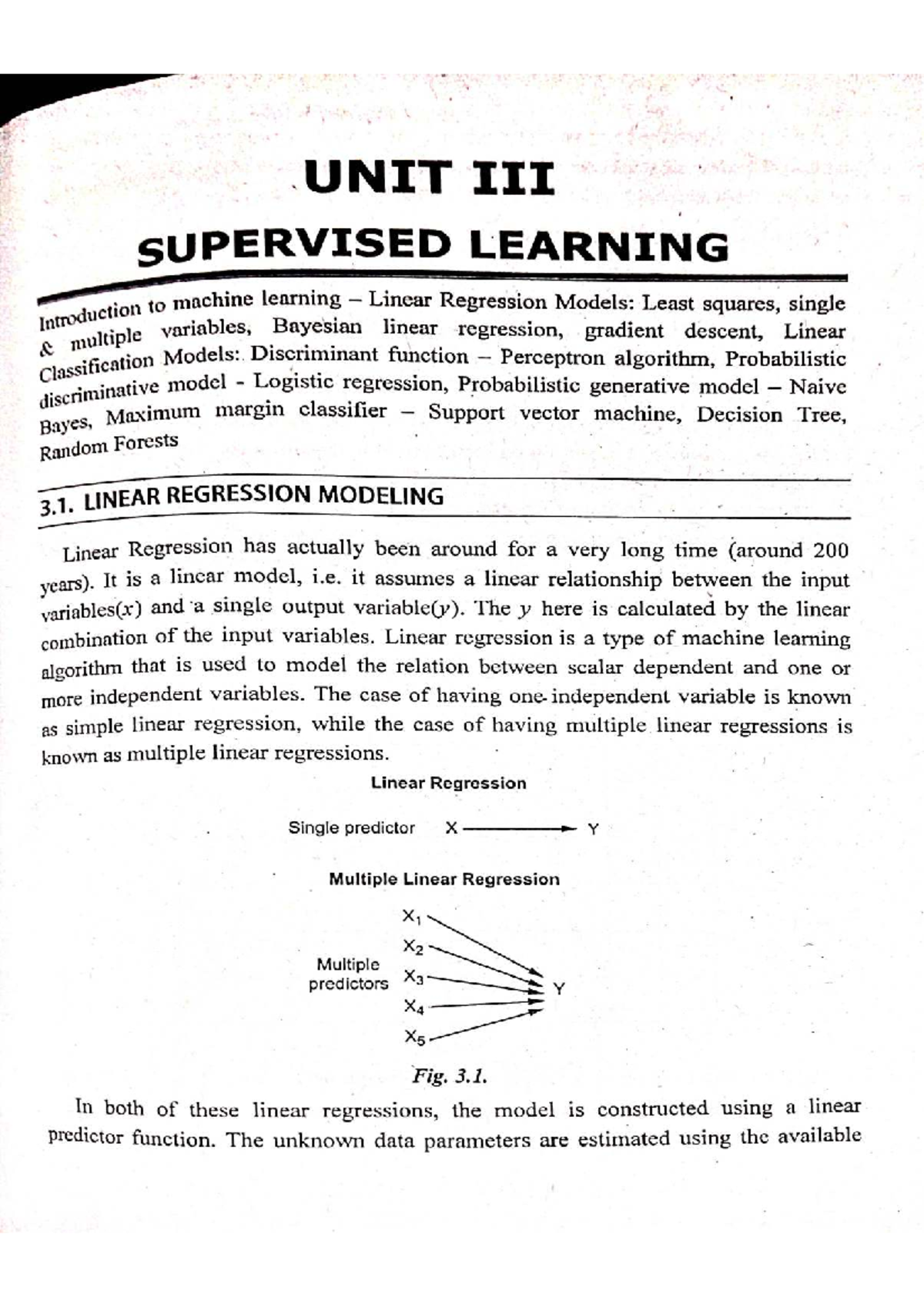 Unit 3 AIML: Supervised Learning & Linear Regression Models Overview - Studocu