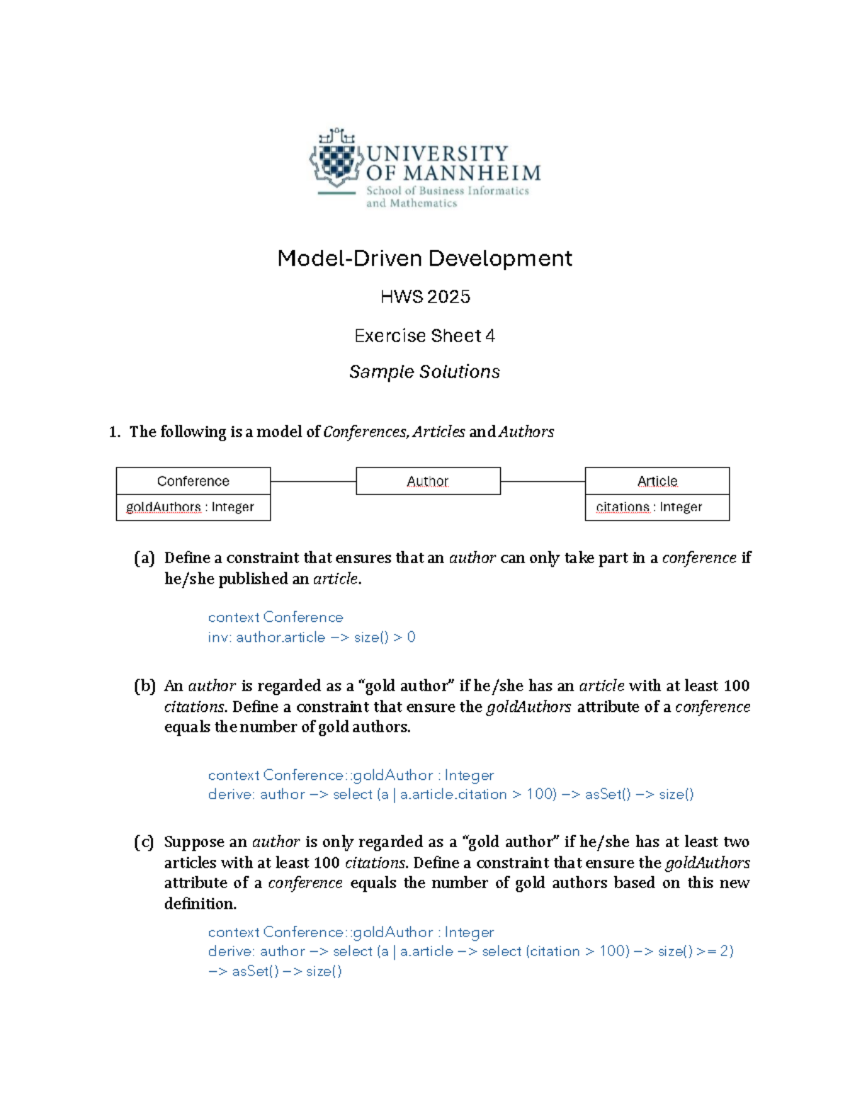 MDD HWS 2025 Exercise Sheet 4 Sample Solutions - Studocu