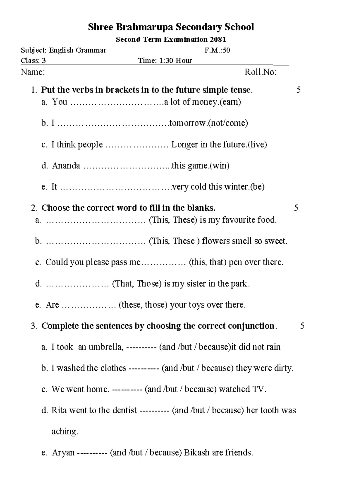 English Grammar Class 3 Second Term Exam 2081 - Future Tense Focus ...