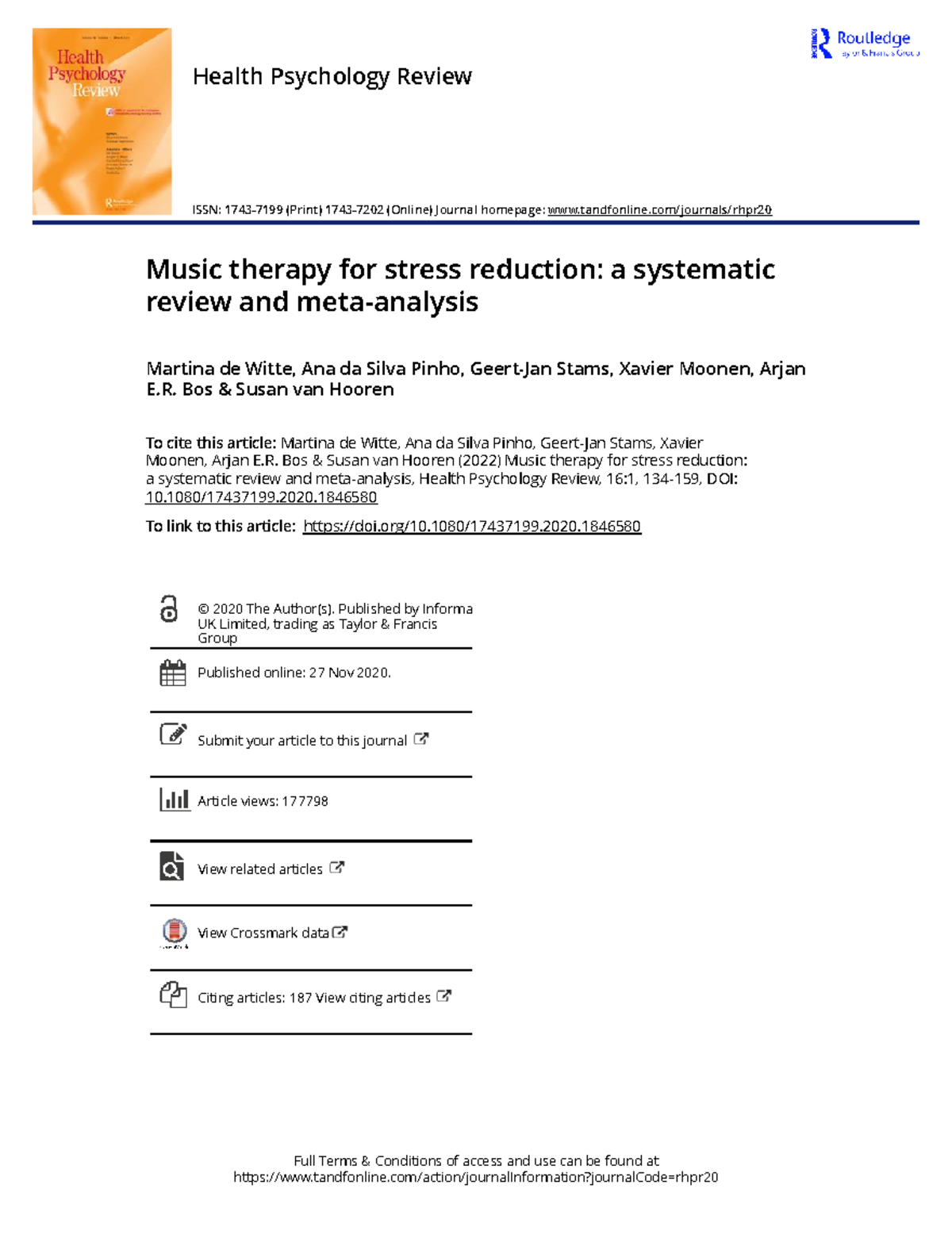 Meta-Analysis of Music Therapy's Impact on Stress Reduction - Studocu