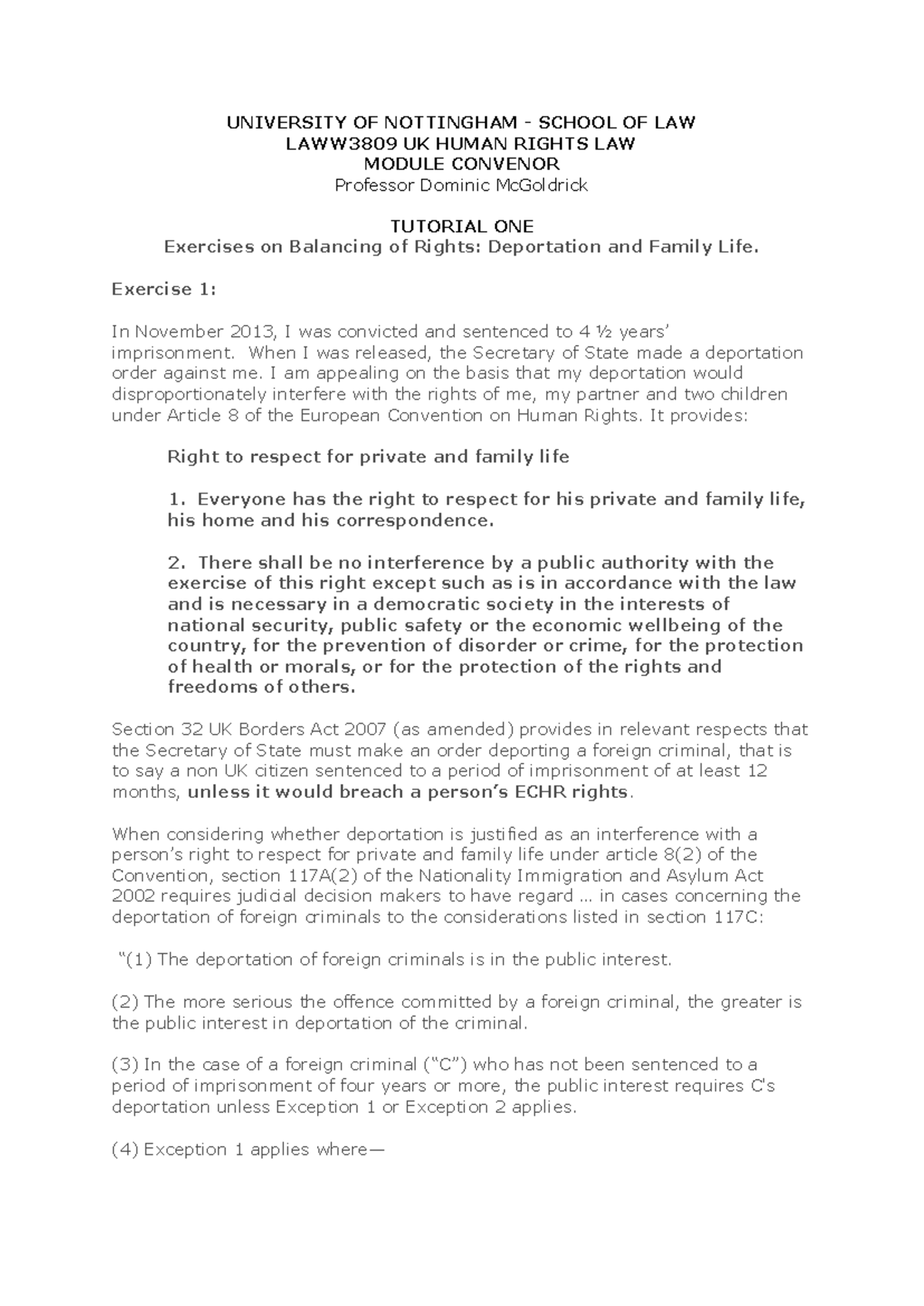 UK Human Rights Law LAWW3809 Tutorial 1: Balancing Rights & Deportation ...
