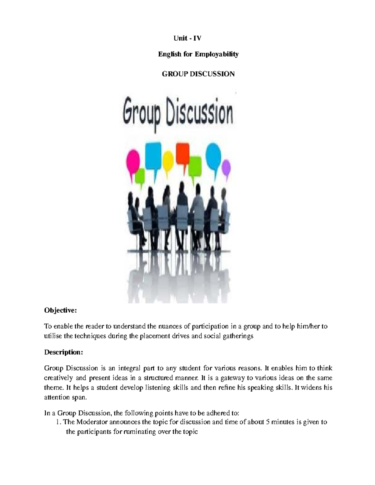 Unit IV (21LEH101T) - Group Discussion and Email Writing Skills - Studocu