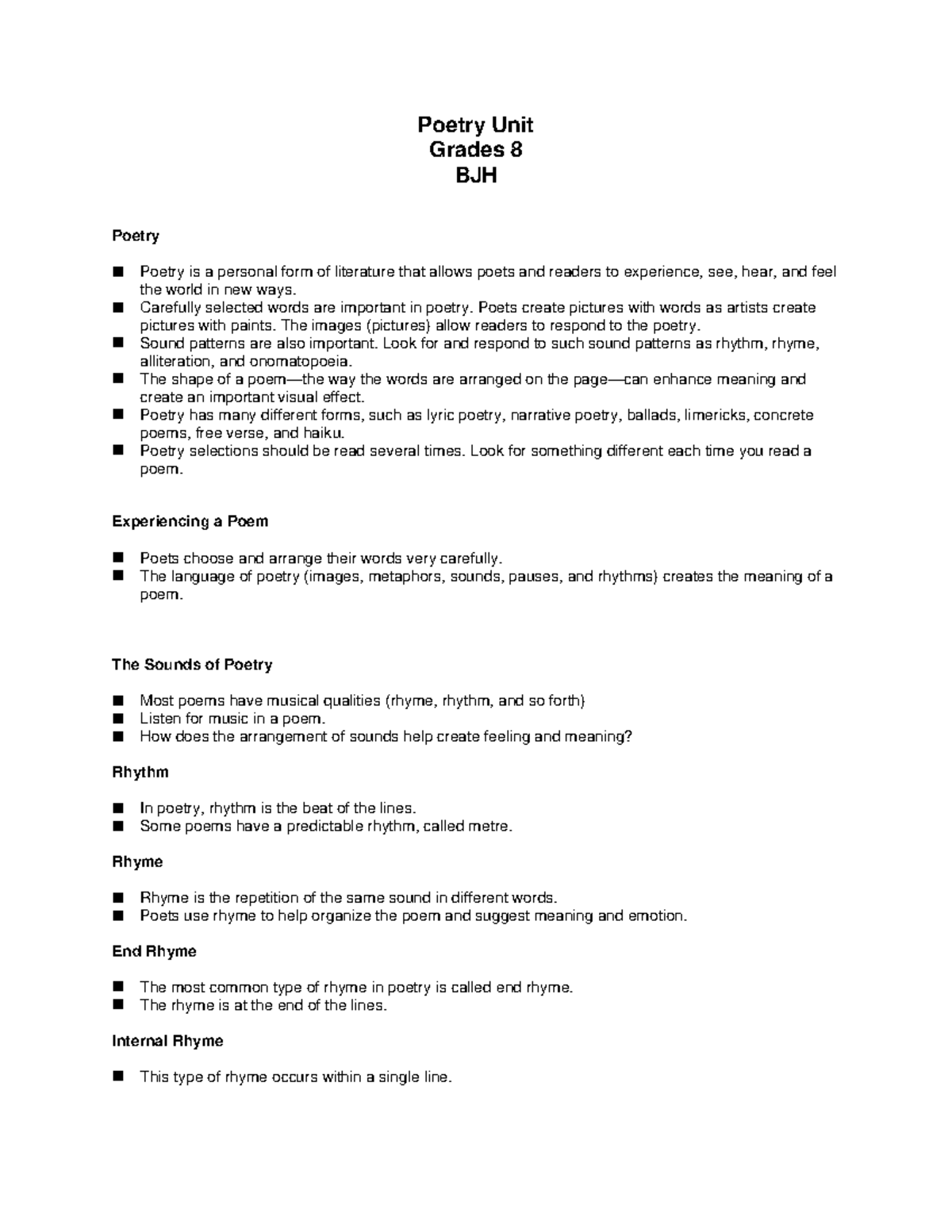Grade 8 Poetry Unit Overview and Key Concepts - Studocu