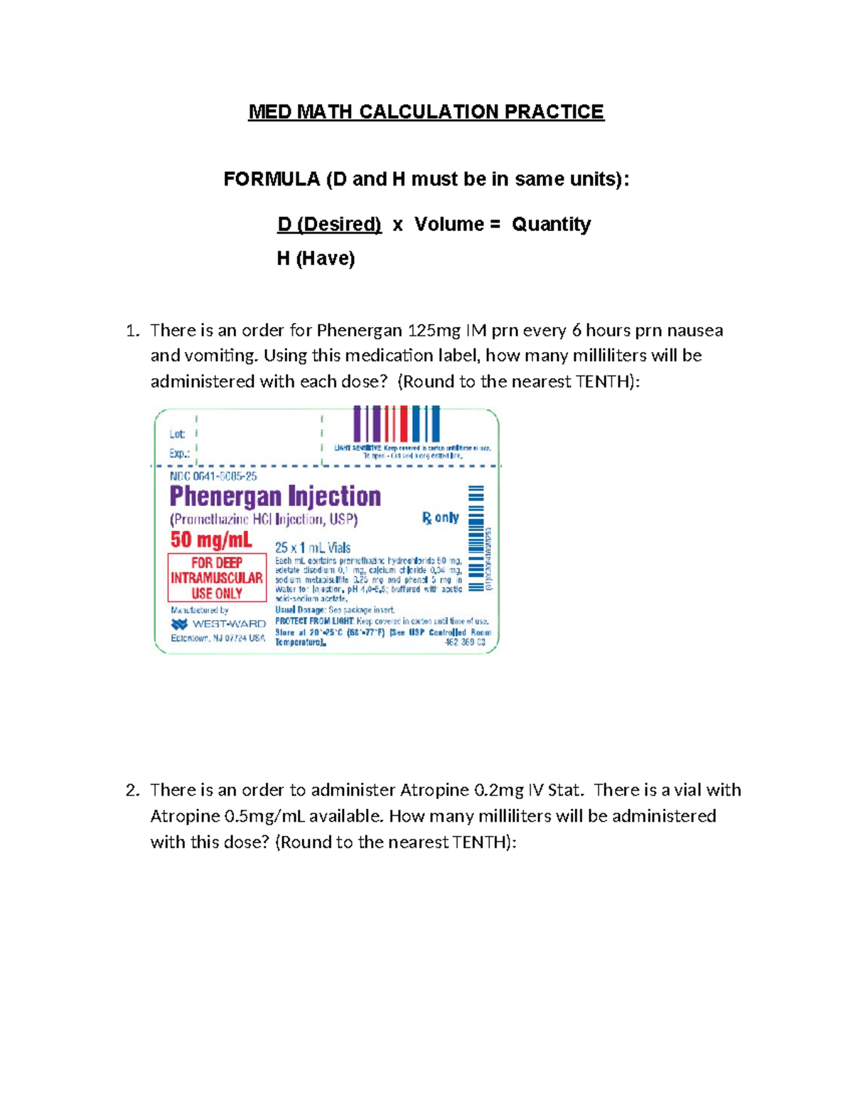 Nursing care of healthy Populations - MED MATH CALCULATION PRACTICE ...