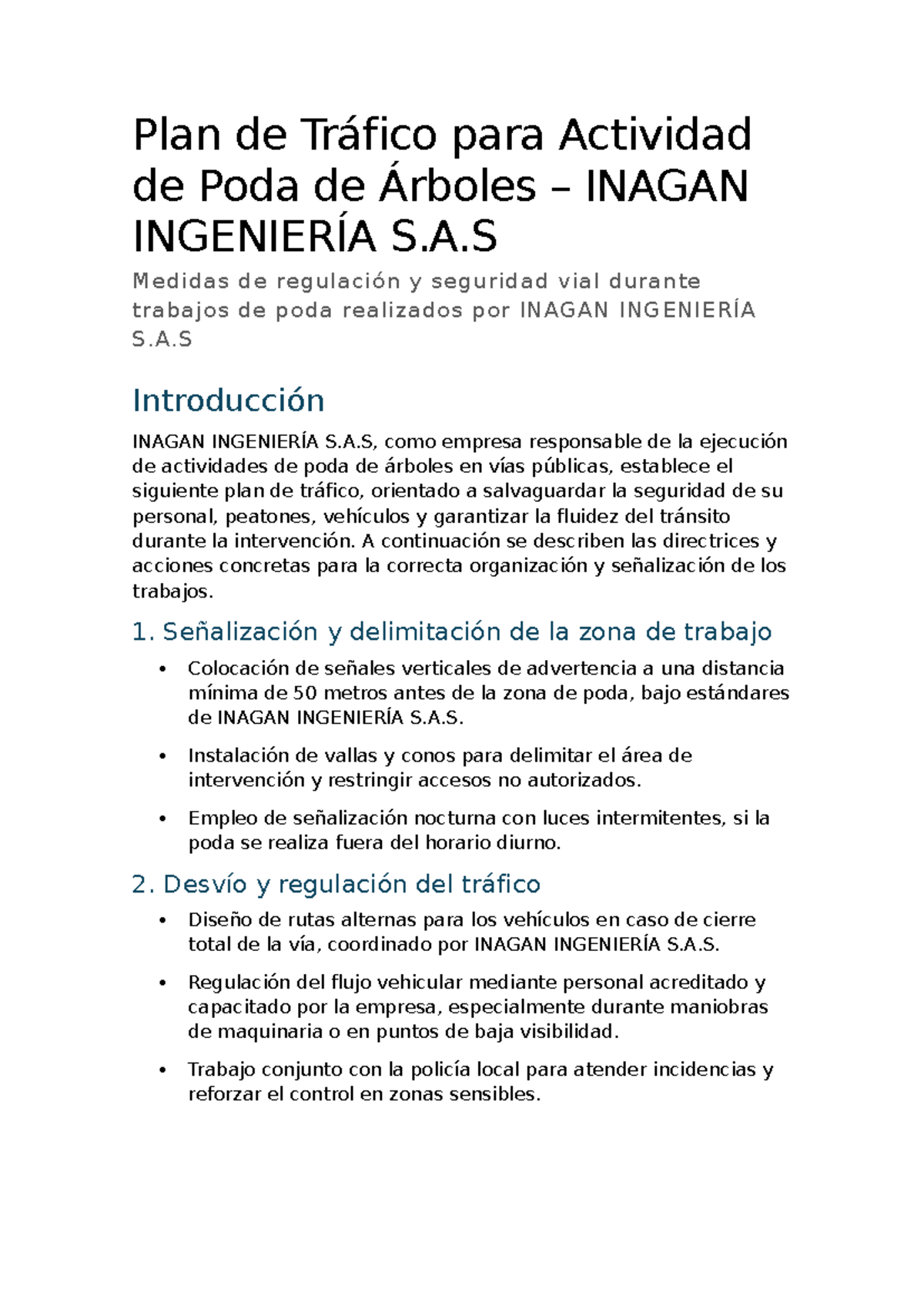 Plan de Tráfico para Poda de Árboles - INAGAN INGENIERÍA S.A.S - Studocu