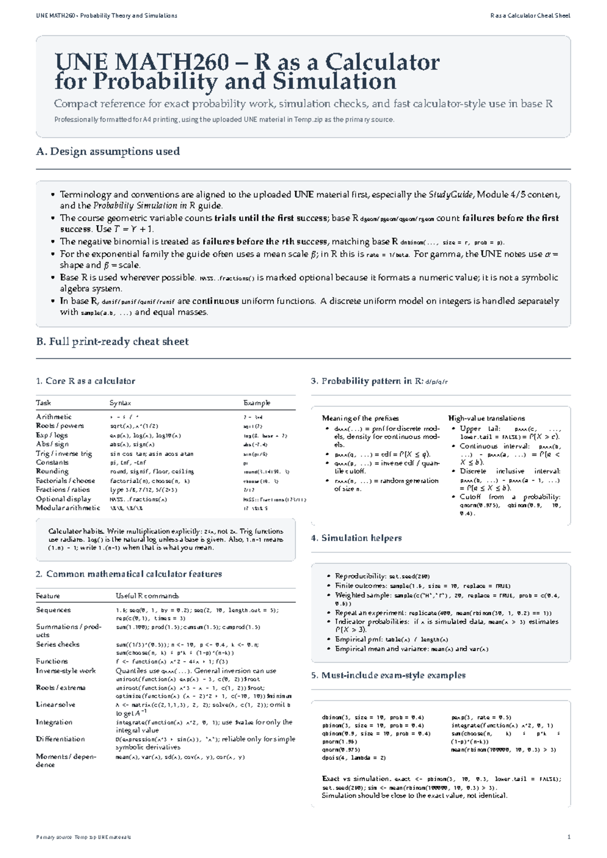 UNE MATH260 Probability Theory & Simulations R Calculator Cheat Sheet ...
