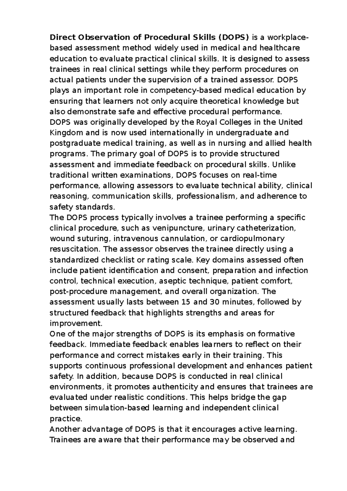 DOPS: Direct Observation of Procedural Skills in Medical Training - Studocu