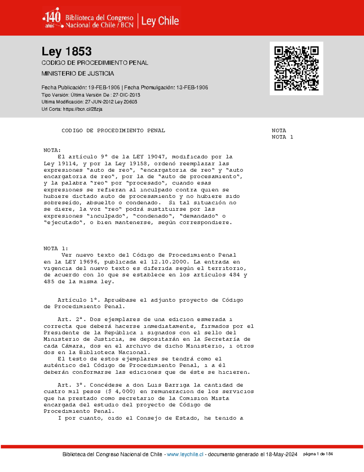 Código de Procedimiento Penal: Ley 1853 - Modificaciones y Notas - Studocu