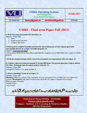 Final Sample Paper CS604 P - Sample Paper FINALTERM EXAMINATION Fall 2022 CS604P – Operating ...