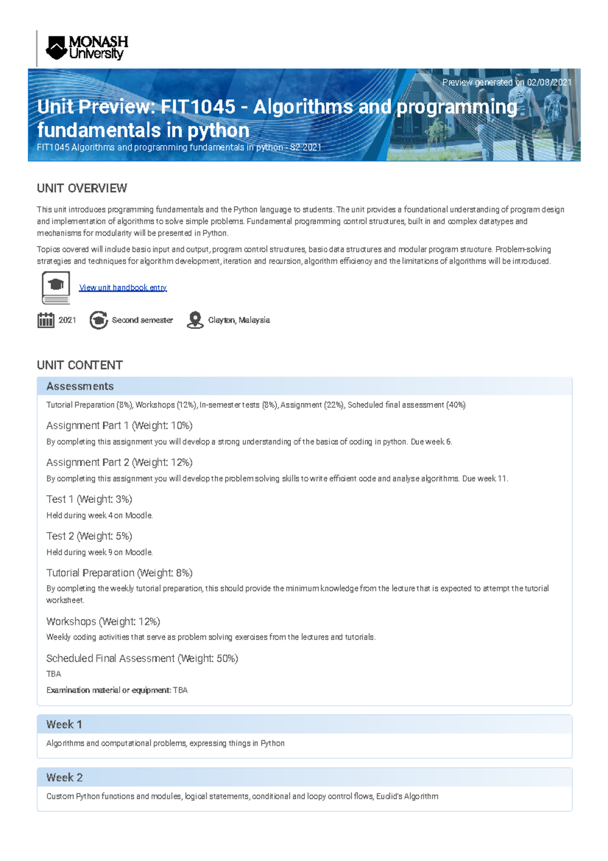 FIT1045 Algorithms and programming fundamentals in python - S2 2021 ...