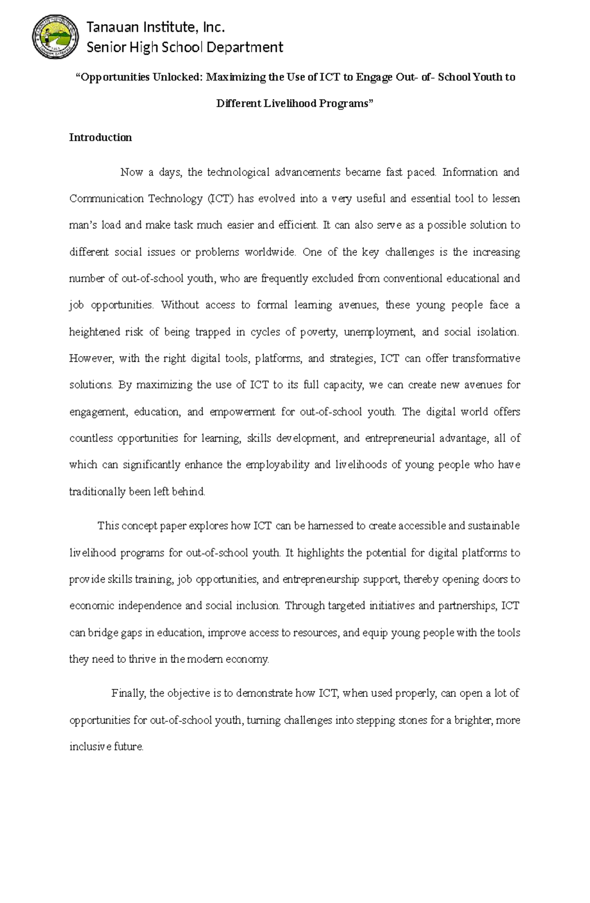 Maximizing ICT for Youth Livelihood: A Concept Paper (SHS 101) - Studocu