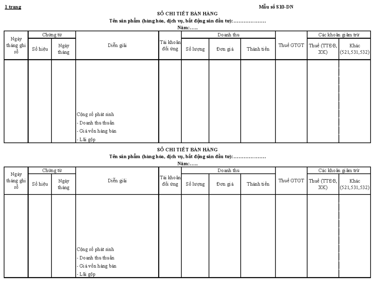 SO CHI TIET BAN HANG - 1 trang C ộ ng s ố ph·t sinh Doanh thu thu ầ n Gi· v ố n h‡ng b·n L„i g ộ ...