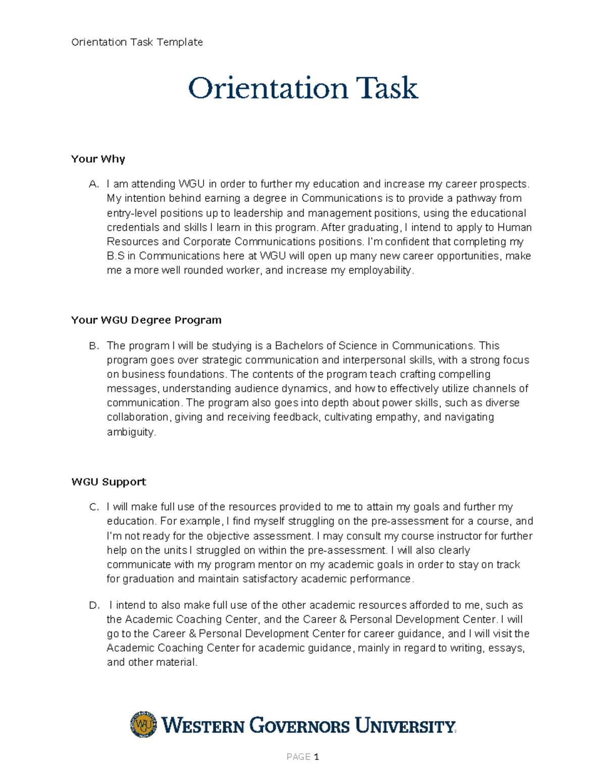 WGU Orientation Task Template: Planning Your Education Journey - Studocu