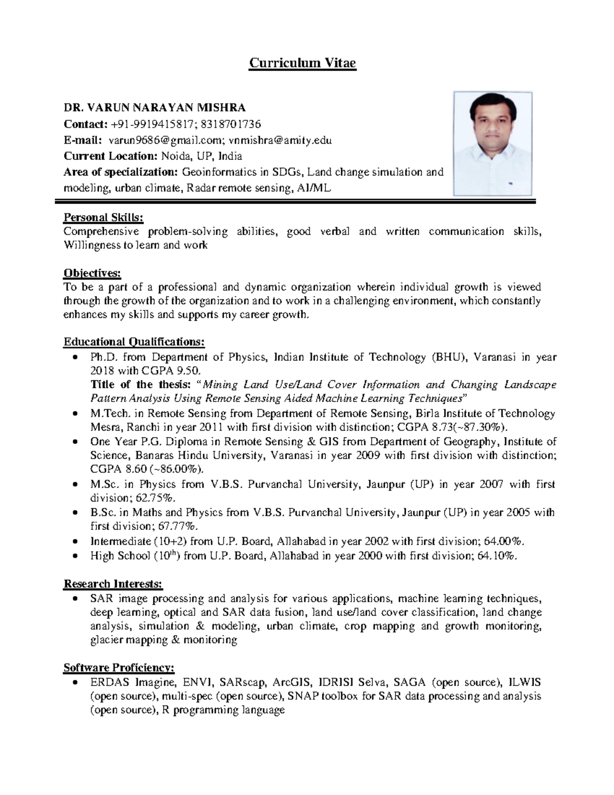 Curriculum Vitae of Dr. Varun Narayan Mishra - Geoinformatics Expert ...