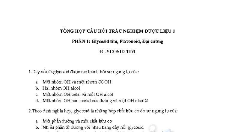 TỔNG HỢP CÂU HỎI TRẮC NGHIỆM DƢỢC LIỆU 1 - PHẦN 1: GLYCOSID TIM - Studocu
