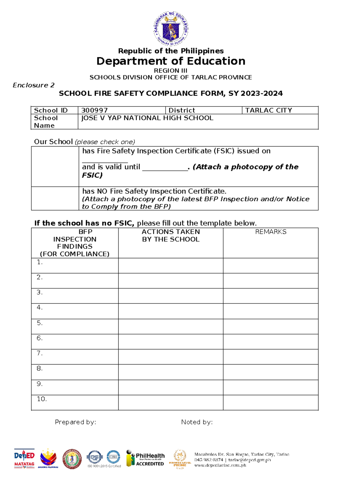 [ Template] School FIRE Safety Compliance FORM - Republic of the ...