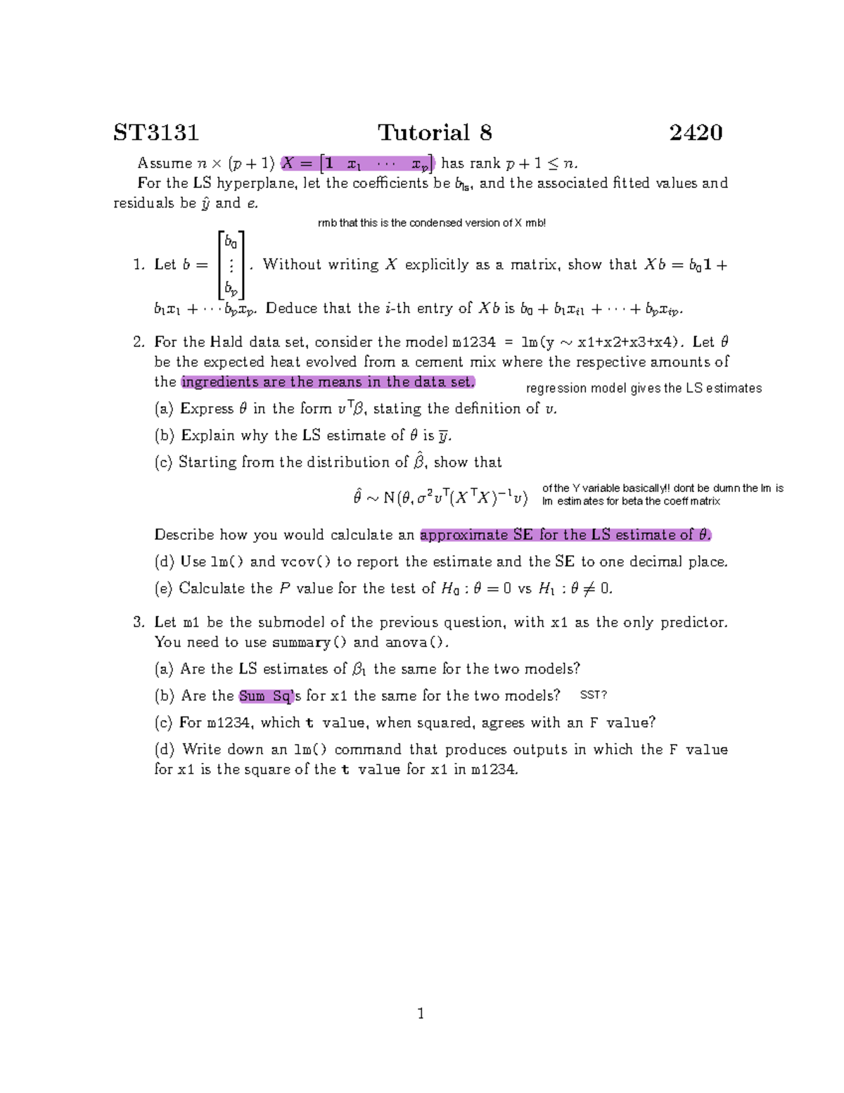 ST3131 Tutorial 8: LS Hyperplane and Hald Data Analysis - Studocu