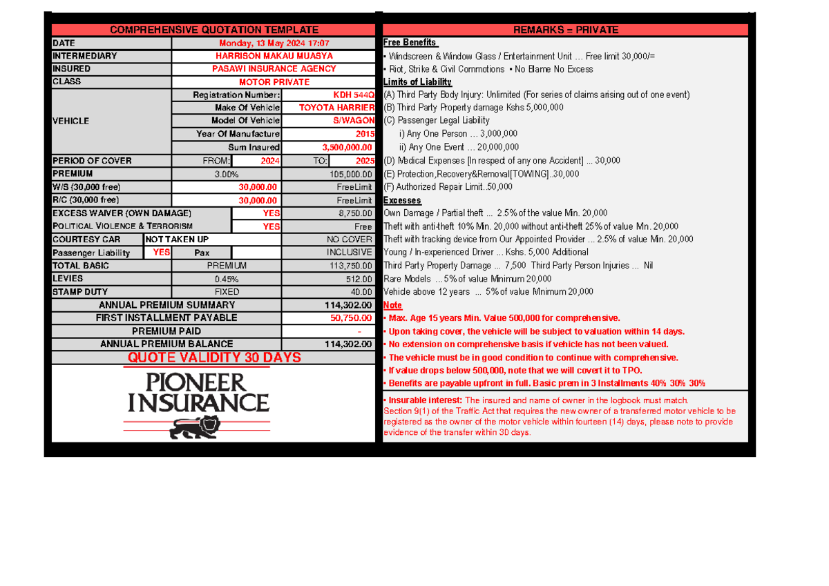 Comprehensive Motor Insurance Quotation for KDH 544Q - 2024 - Studocu