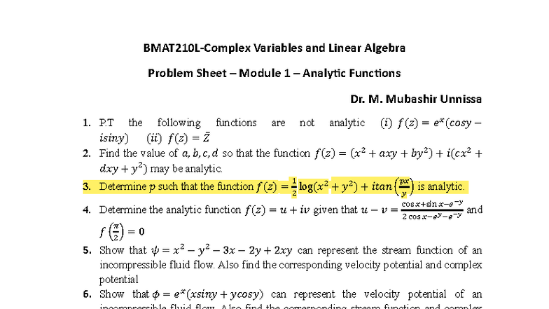 Problem Sheet M1: Complex Variables & Analytic Functions - Studocu