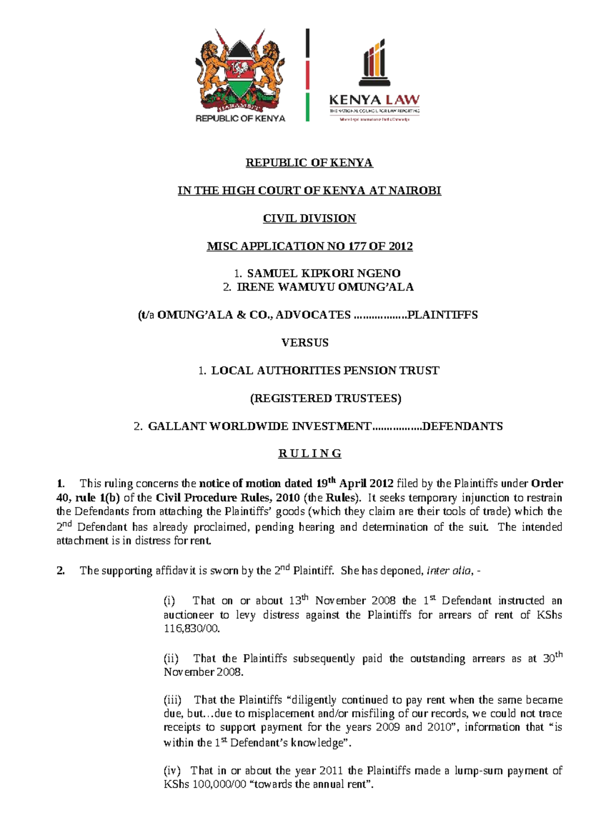Civil Case Ruling: Samuel Kipkori Ngeno v Local Authorities Pension ...
