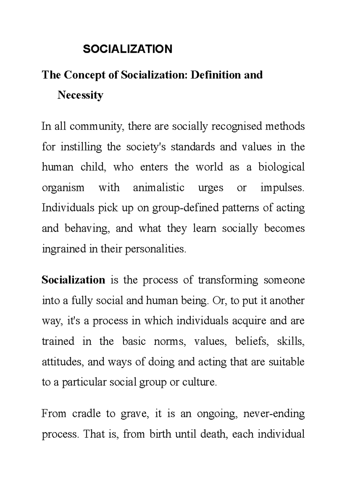Socialization - Lecture Notes 3: Understanding the Process and Concepts ...