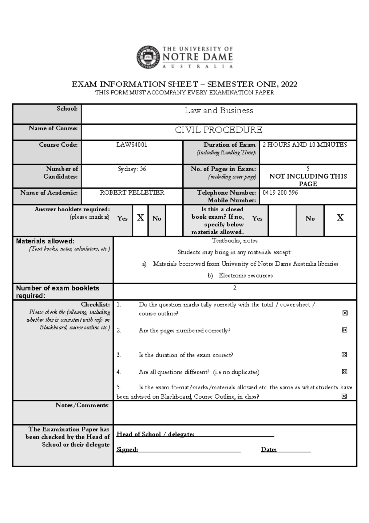 Practice Q - EXAM INFORMATION SHEET – SEMESTER ONE, 2022 THIS FORM MUST ...