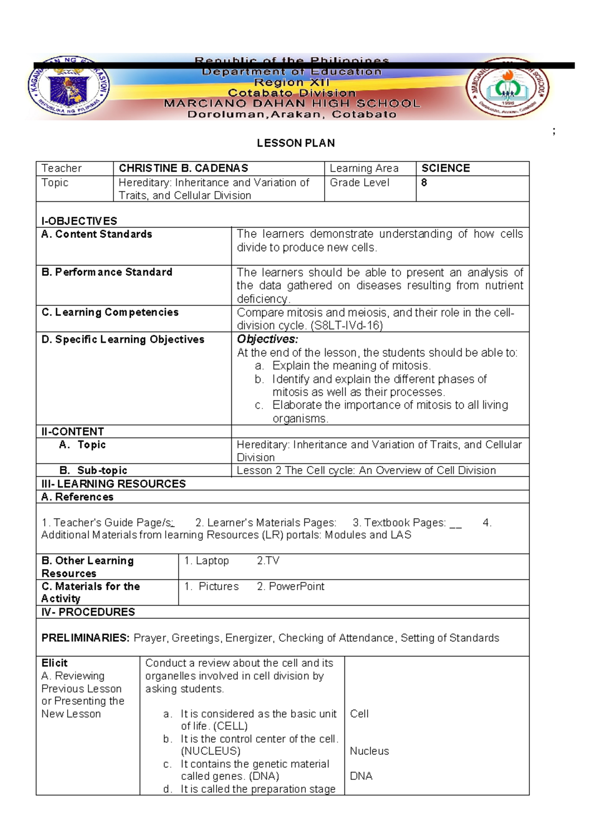 Mitosis and Cell Division Lesson Plan for Grade 8 Science (SCIENCE 8 ...
