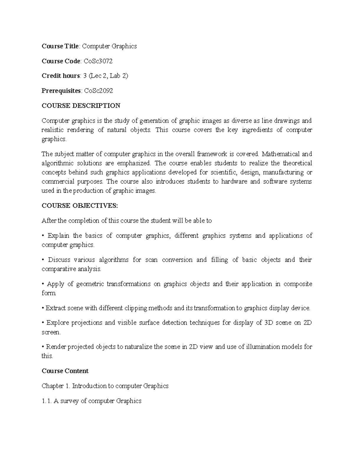 Computer Graphics Overview and Concepts - CoSc3072 Lecture Notes - Studocu