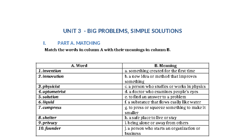 UNIT 3 - Vocabulary Practice: Matching & Word Forms - Studocu