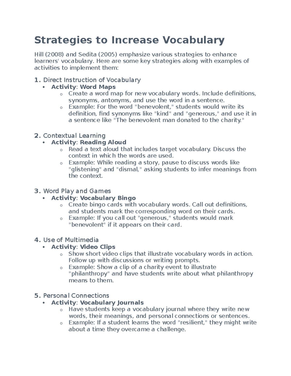 Strategies to Enhance Vocabulary: Key Activities and Examples - Studocu