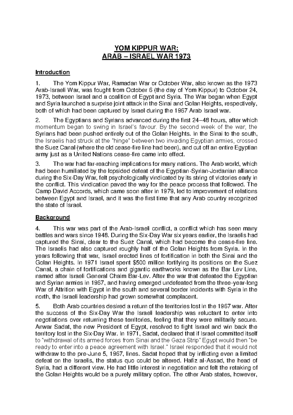 YOM KIPPUR WAR (1973): Key Insights and Summary Notes - Studocu