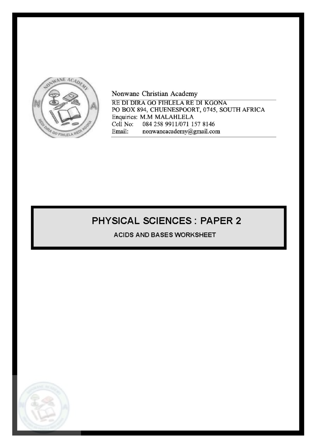 Physical Sciences (P2) Acids and Bases Worksheet - NSC 2023 - Studocu