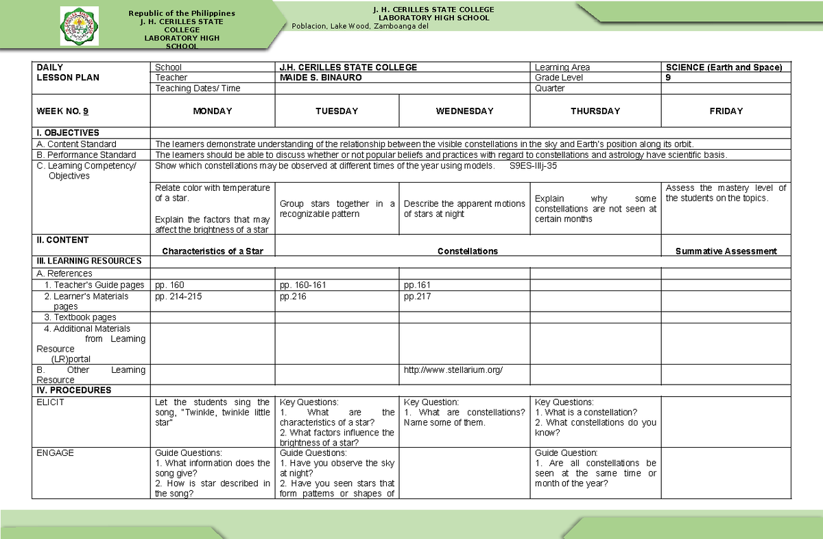 Science 9 Q3 W9 Lesson Plan: Exploring Constellations and Stars - Studocu