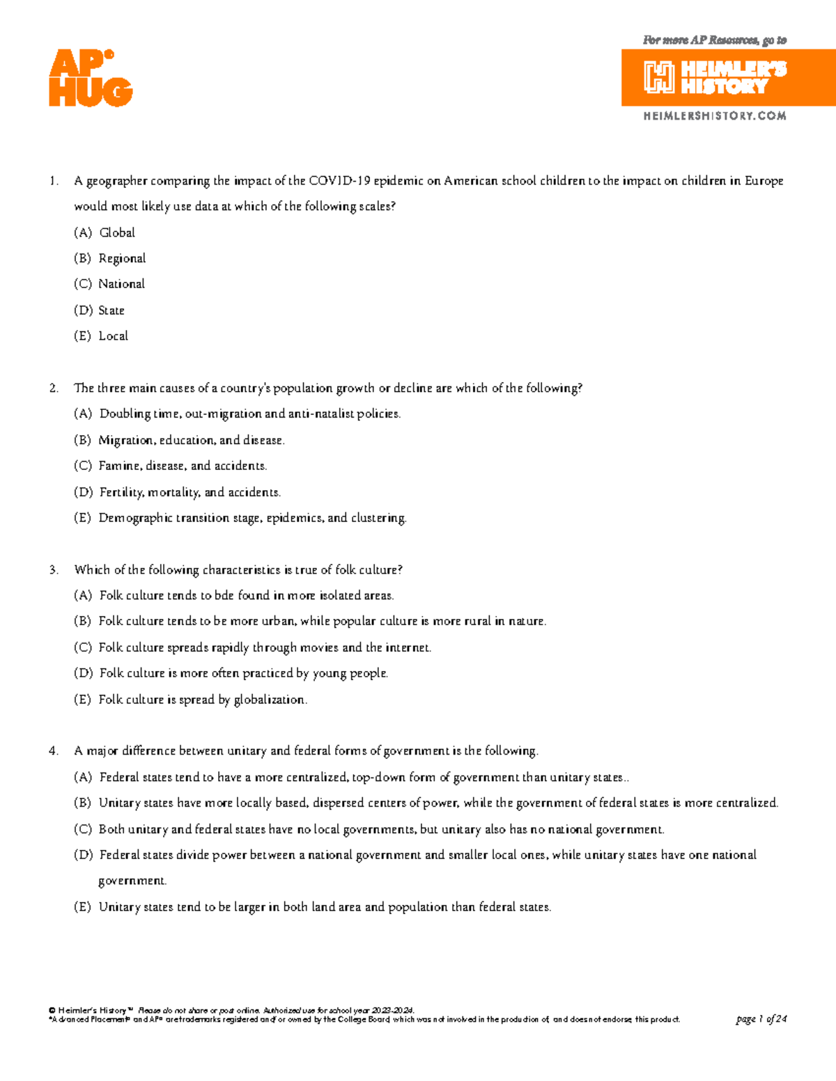 AP HUG Practice Exam: Demographic Trends and Cultural Impact Analysis ...