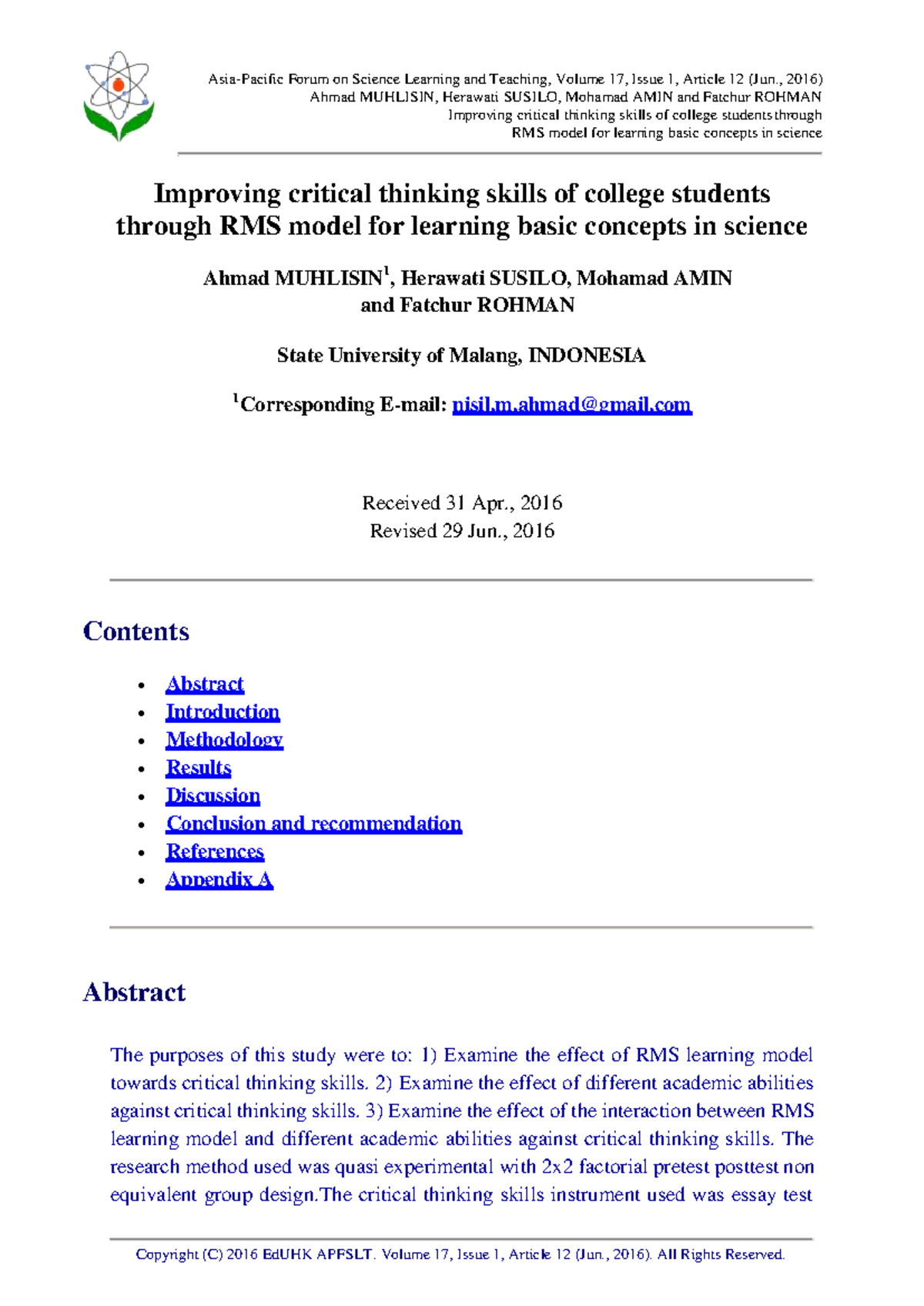 Improving critical thinking skills of college students through RMS ...