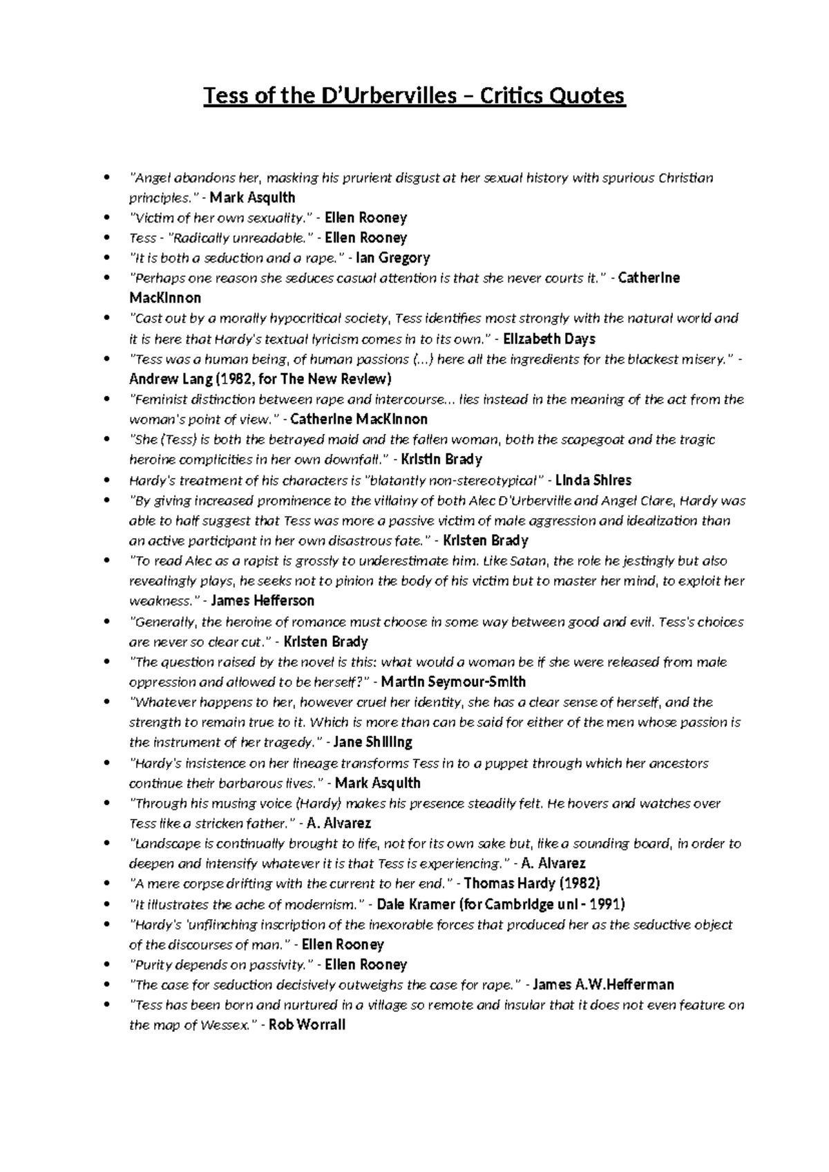 Tess of the D'Urbervilles: Key Extracts & Analysis (AQA) - Studocu