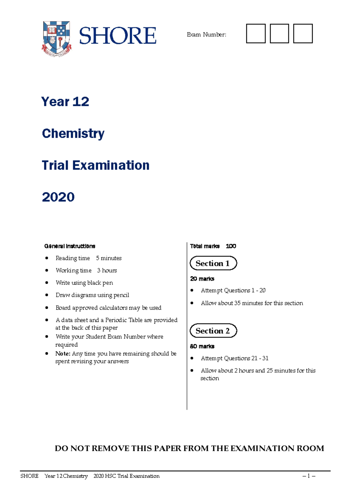 SHORE Year 12 Chemistry 2020 HSC Trial Exam & Solutions - Studocu