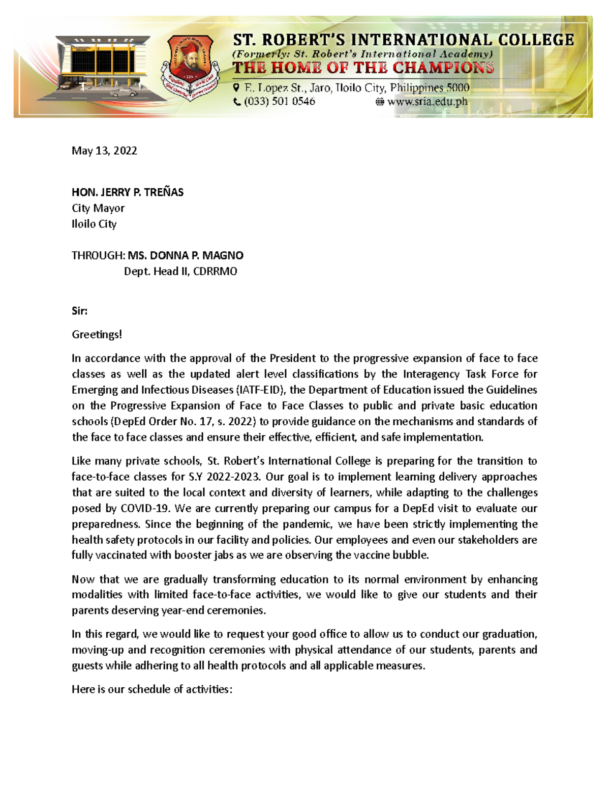 Letter to Mayor F2F Graduation - May 13, 2022 HON. JERRY P. TREÑAS City ...