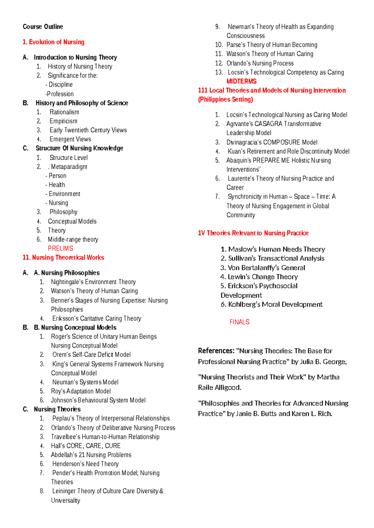NUR 101: Course Outline - Evolution of Nursing Theories & Models - Studocu