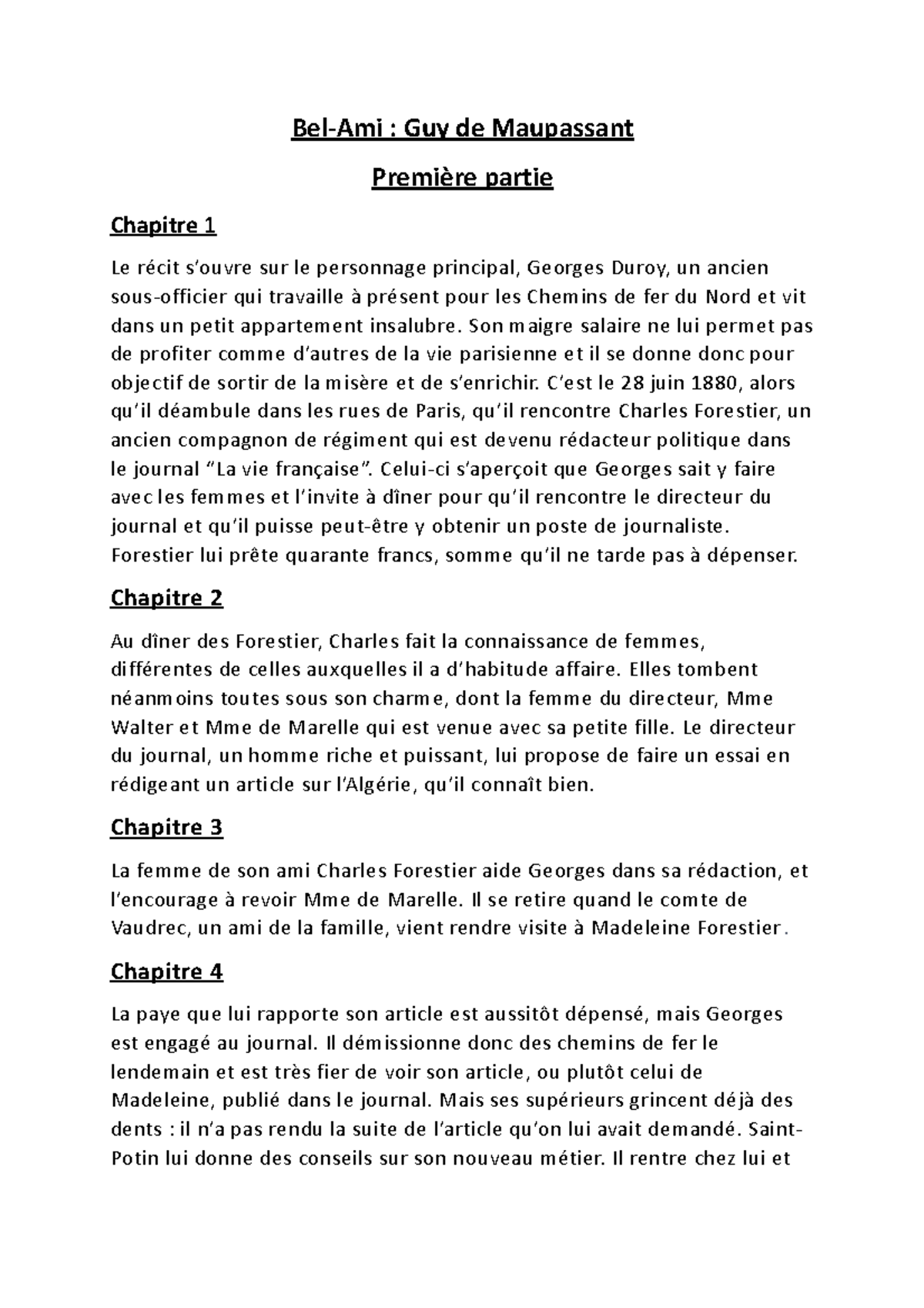 Analyse détaillée de "Bel-Ami" par Guy de Maupassant - Chapitres - Studocu