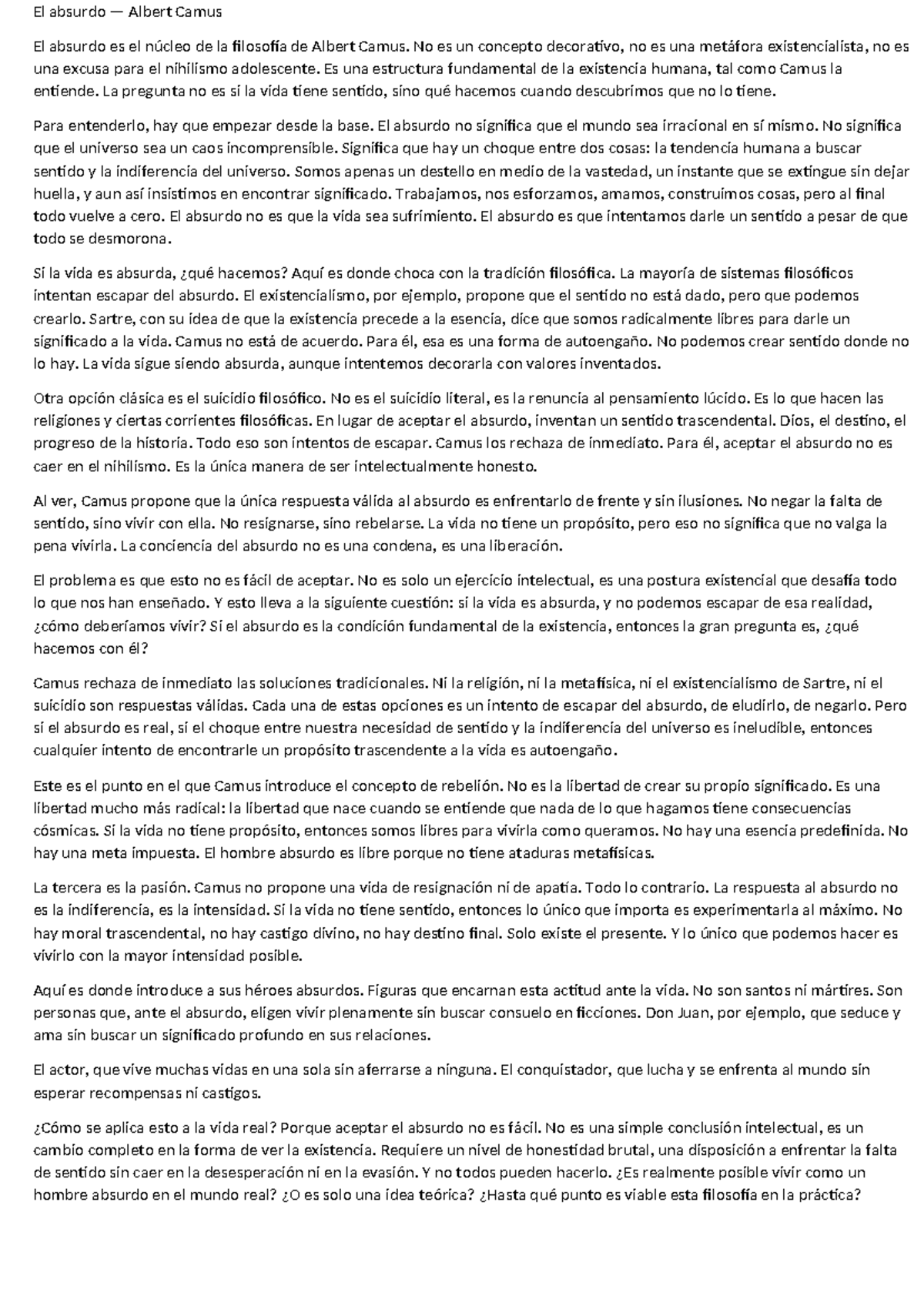 Albert Camus: El Absurdo y la Existencia Humana - Studocu