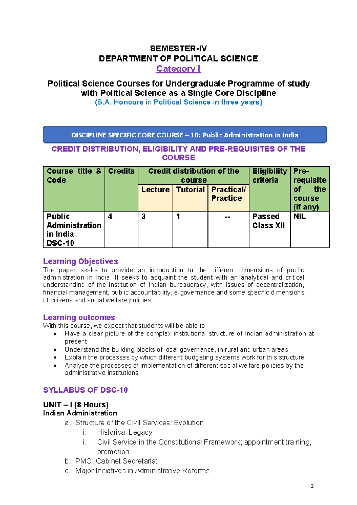B.A. Hons Political Science - Semester 4 Syllabus Overview - Studocu
