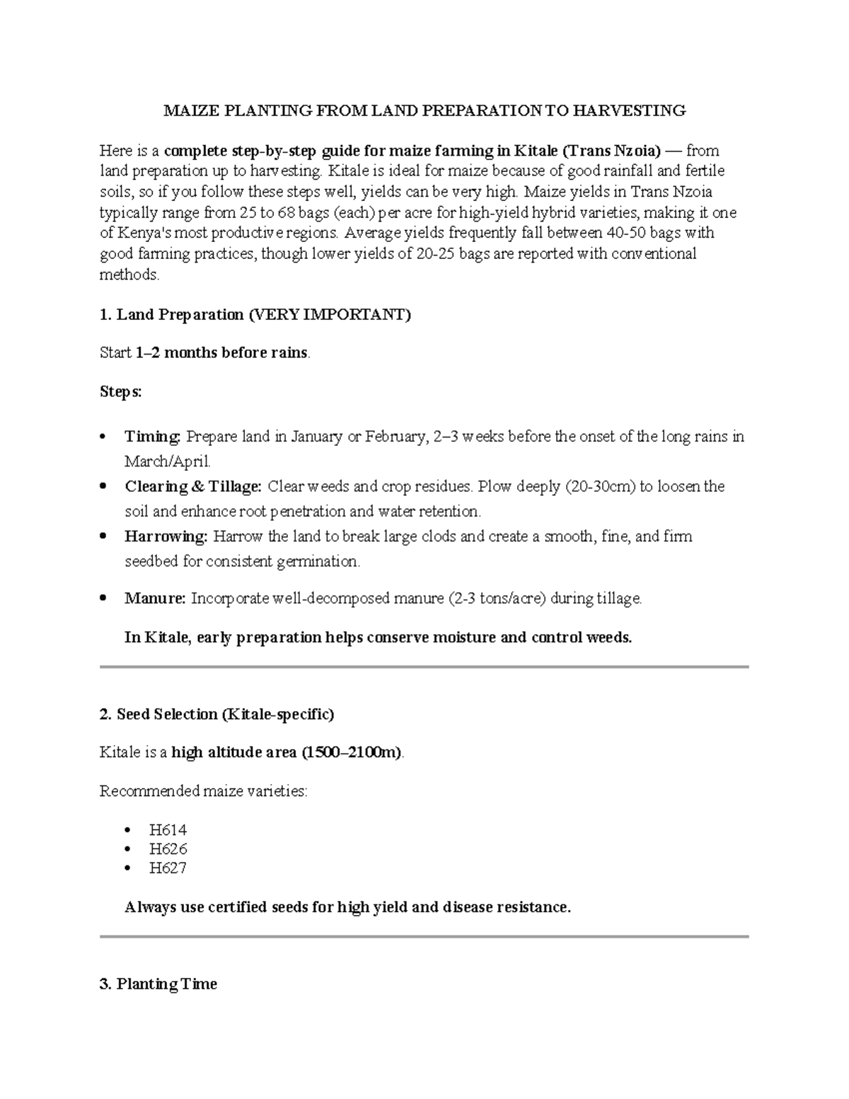 MAIZE FARMING GUIDE: LAND PREP TO HARVEST IN KITALE - Studocu