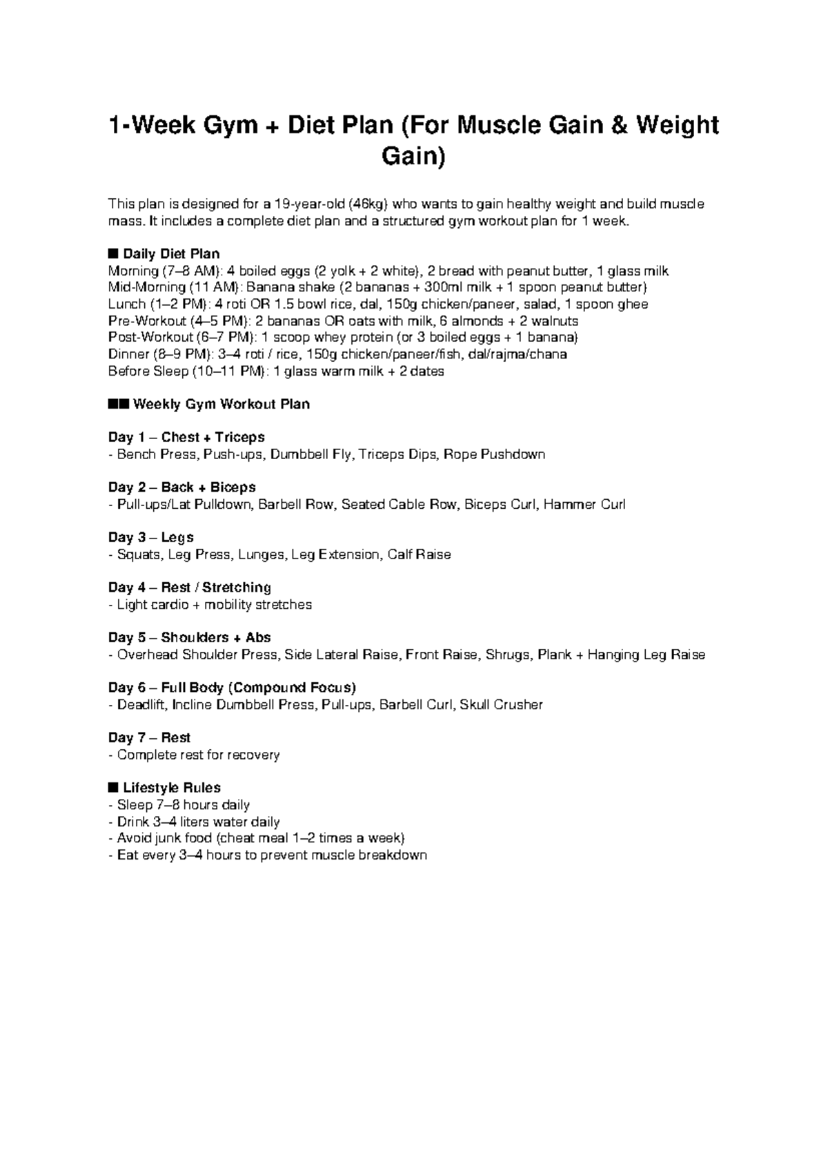 1 Week Gym Diet & Workout Plan for Muscle Gain (46kg) - Studocu