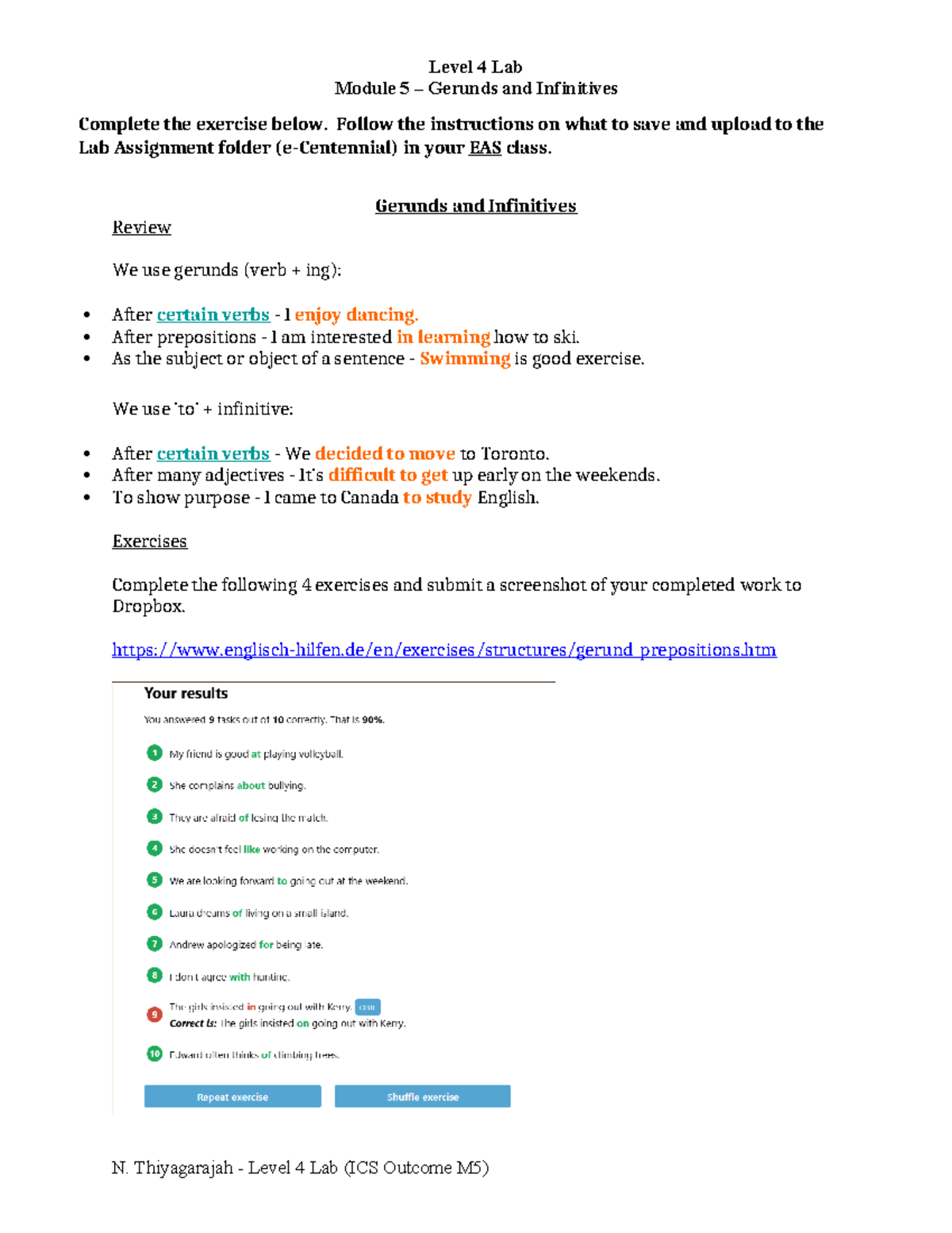 Level 4 Lab Module 5: Gerunds and Infinitives Exercises - Studocu
