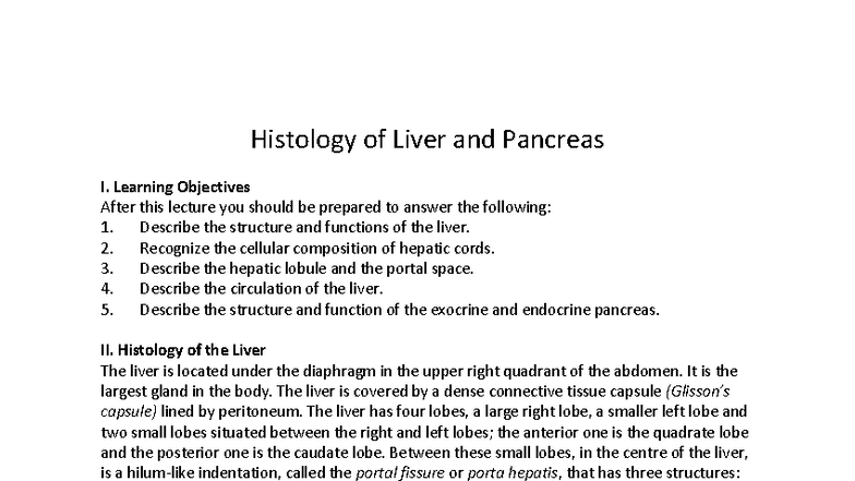 Histology of Liver and Pancreas (BIO 101) Lecture Notes - Studocu