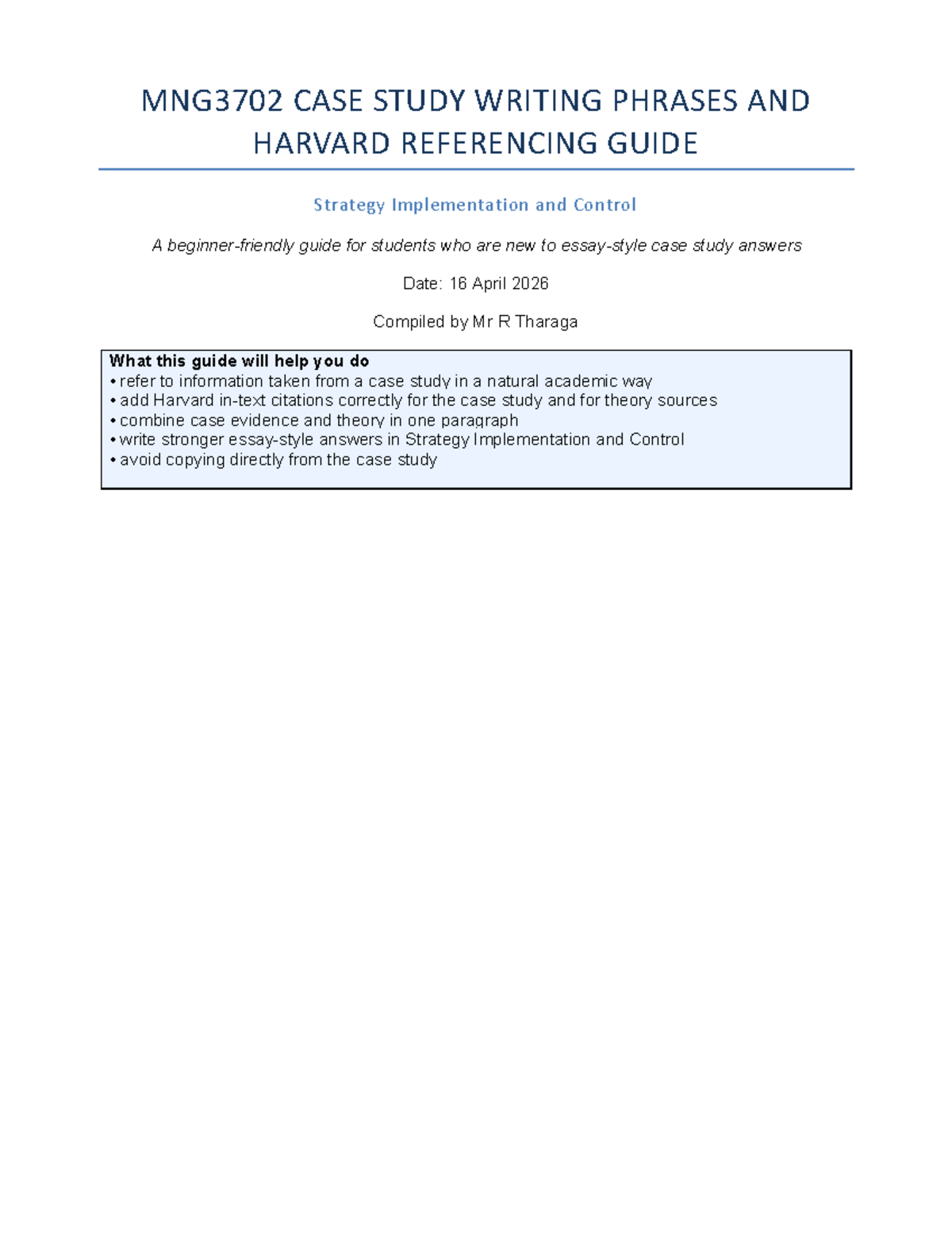 MNG3702 Case Study Writing Guide: Phrases & Harvard Referencing - Studocu
